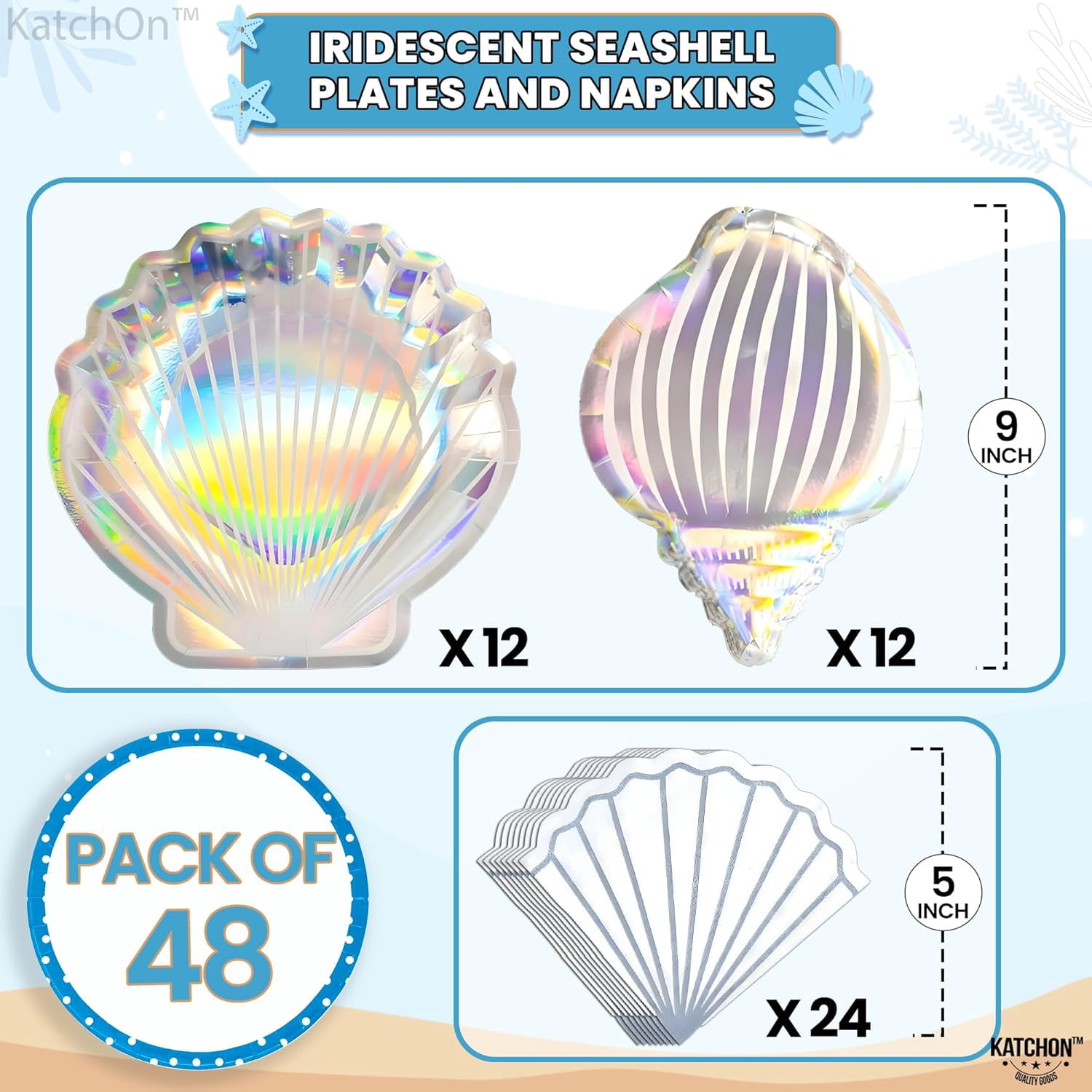 QIHE-, Iridescent Seashell Plates and Napkins - Pack of 48 | Sea Shell ...