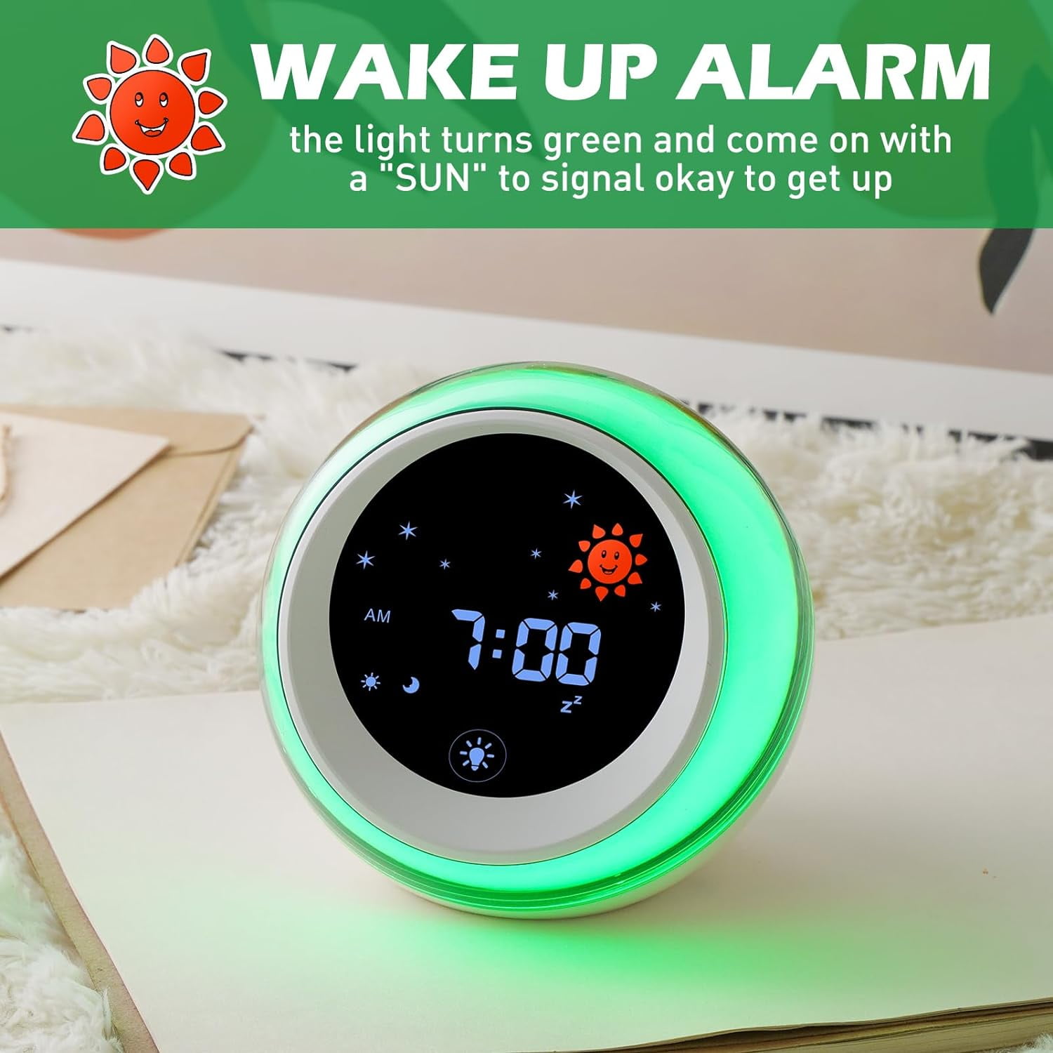 QIHE-Kids Alarm Clock, Ok to Wake Clock with Sun & Star, Sound Machine ...