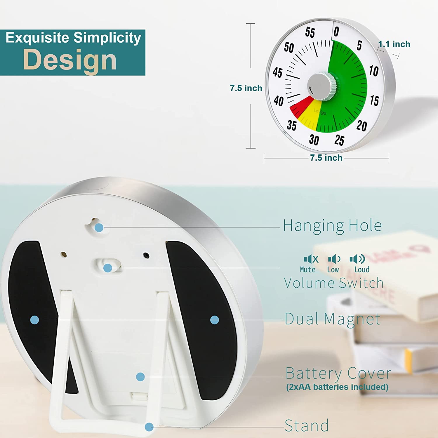 QIHE-Kitchen Timer, Countdown Visual Analog Timer, Quiet Counting, Low ...