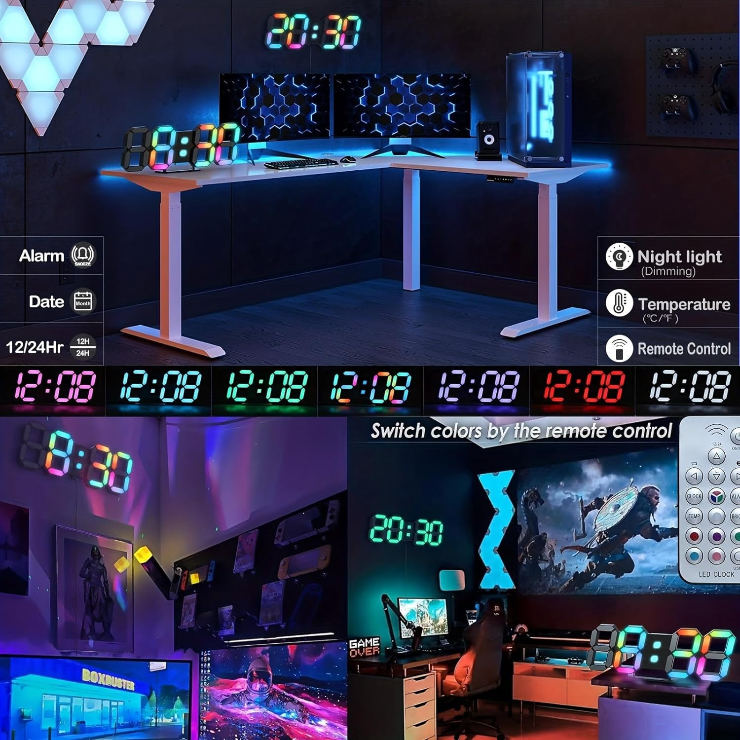 QIHE-LED Digital Clock Neon Clock 9.7" Black Gaming Clock RGB LED Wall ...