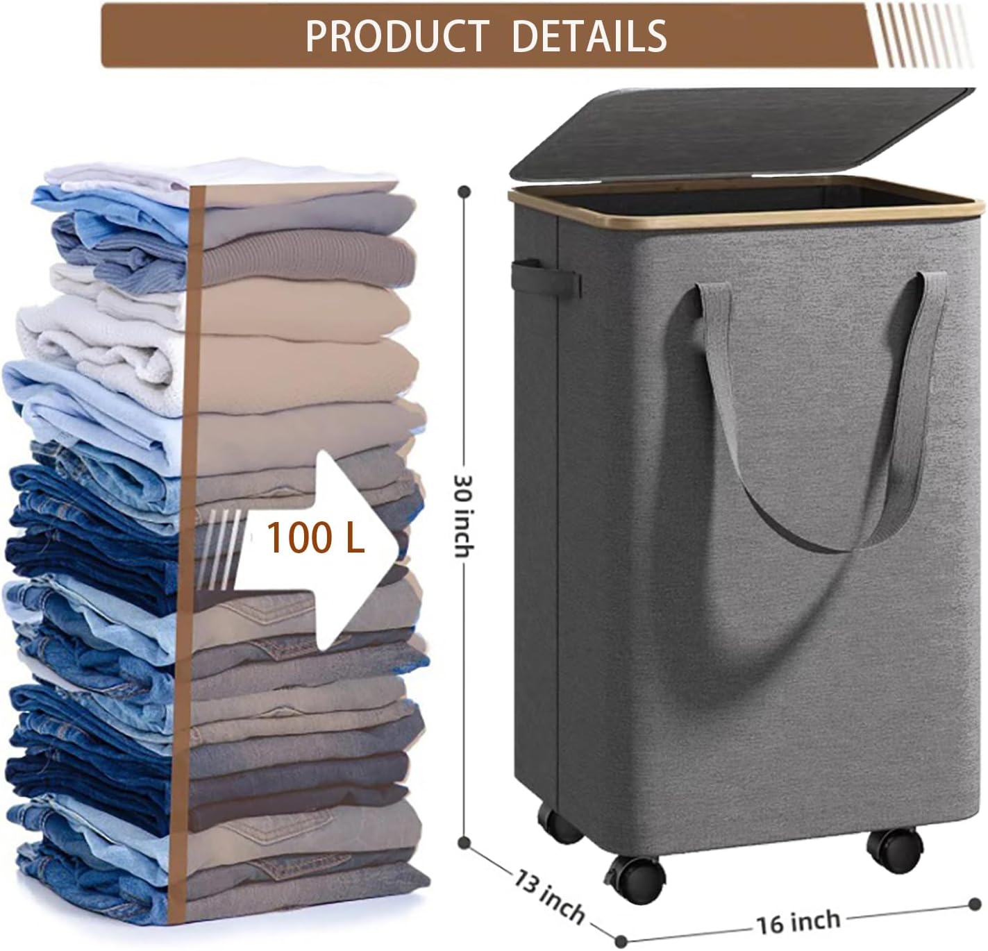 QIHE-Large Laundry Basket with Wheels - 100L Rolling Laundry Hamper ...