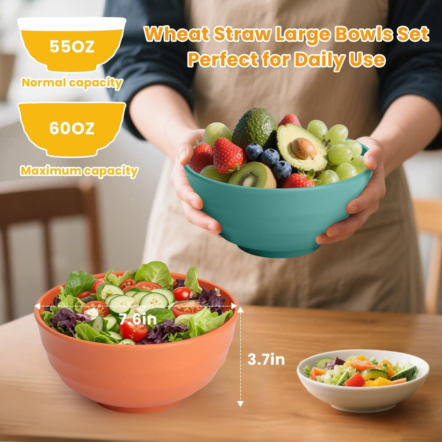 QIHE-Large Salad Bowls, Large Soup Bowls Set of 8,Wheat Straw Bowls ...