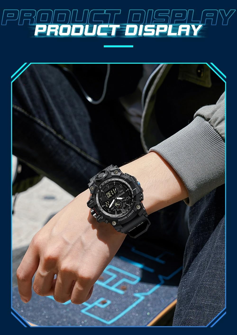 QIHE-Military Style Digital Analog Watch, Large Face 2.2", 50m Water ...