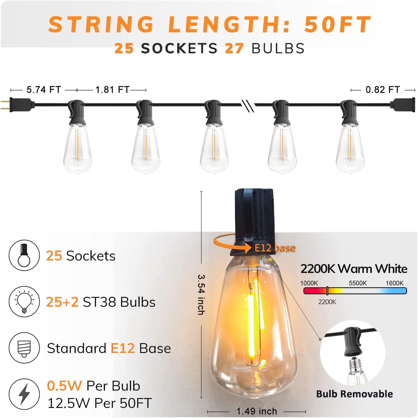 QIHE-Outdoor String Lights - 50ft LED Dimmable ST38 Warm Edison String ...