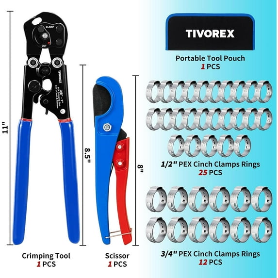 QIHE-PEX Crimping Tool Kit, 2 in 1 Ratchet Pex Clamp Tool with Cinch ...