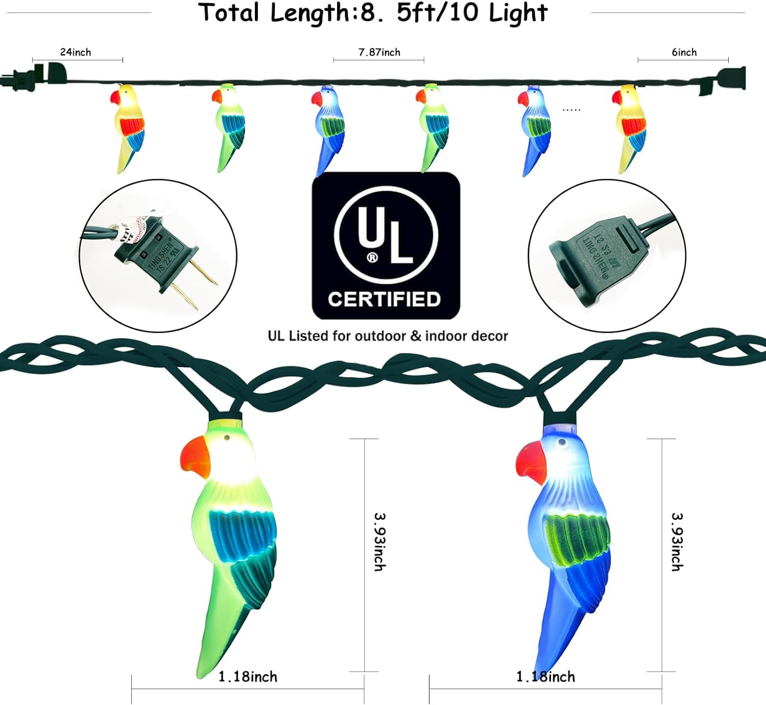 QIHE-Parrot String Lights 8.5Ft Summer Camping String Lights with 10 ...
