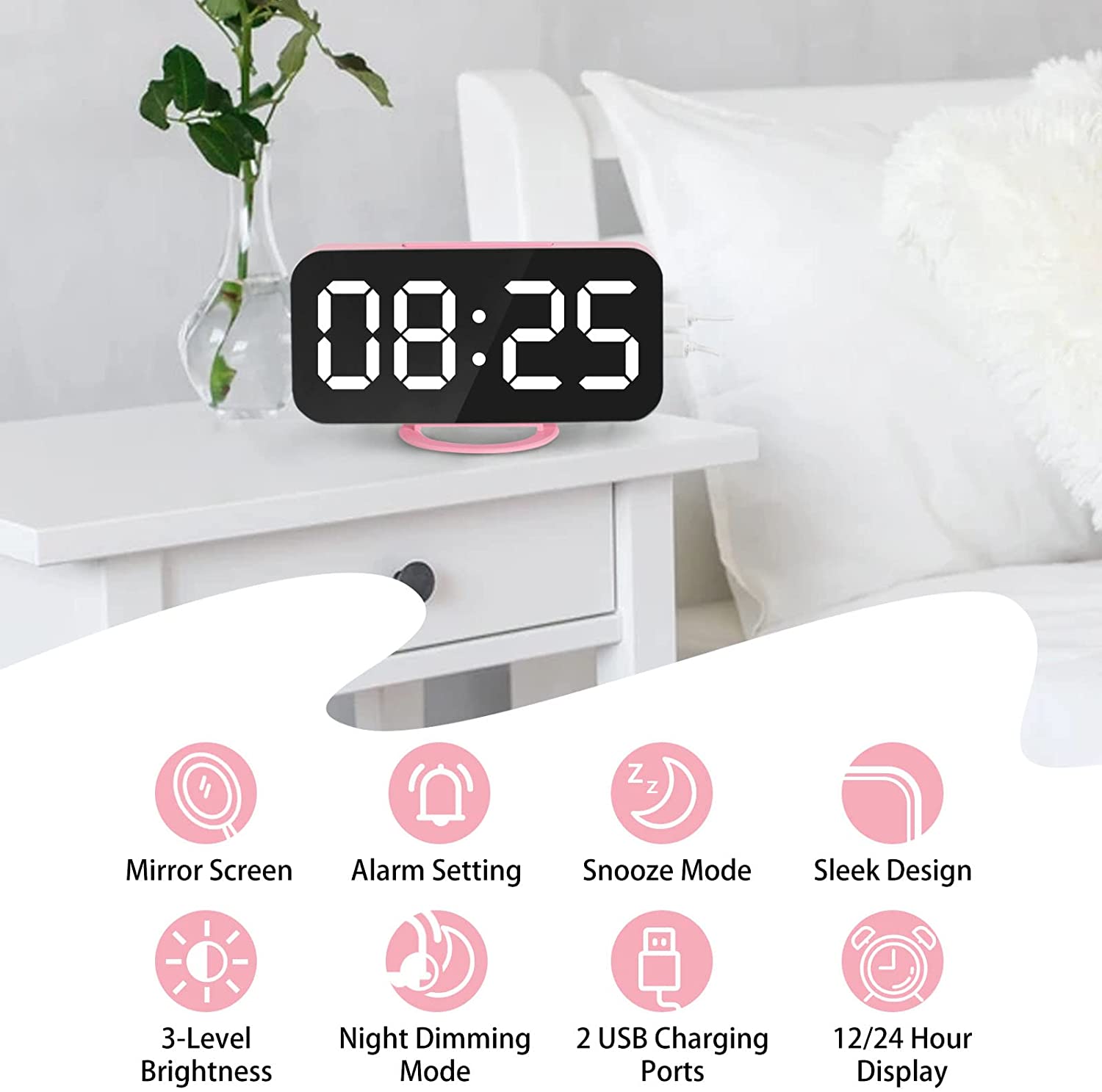 QIHE-Pink Digital Alarm Clock for Girls, Large LED Mirror Display,2 USB ...