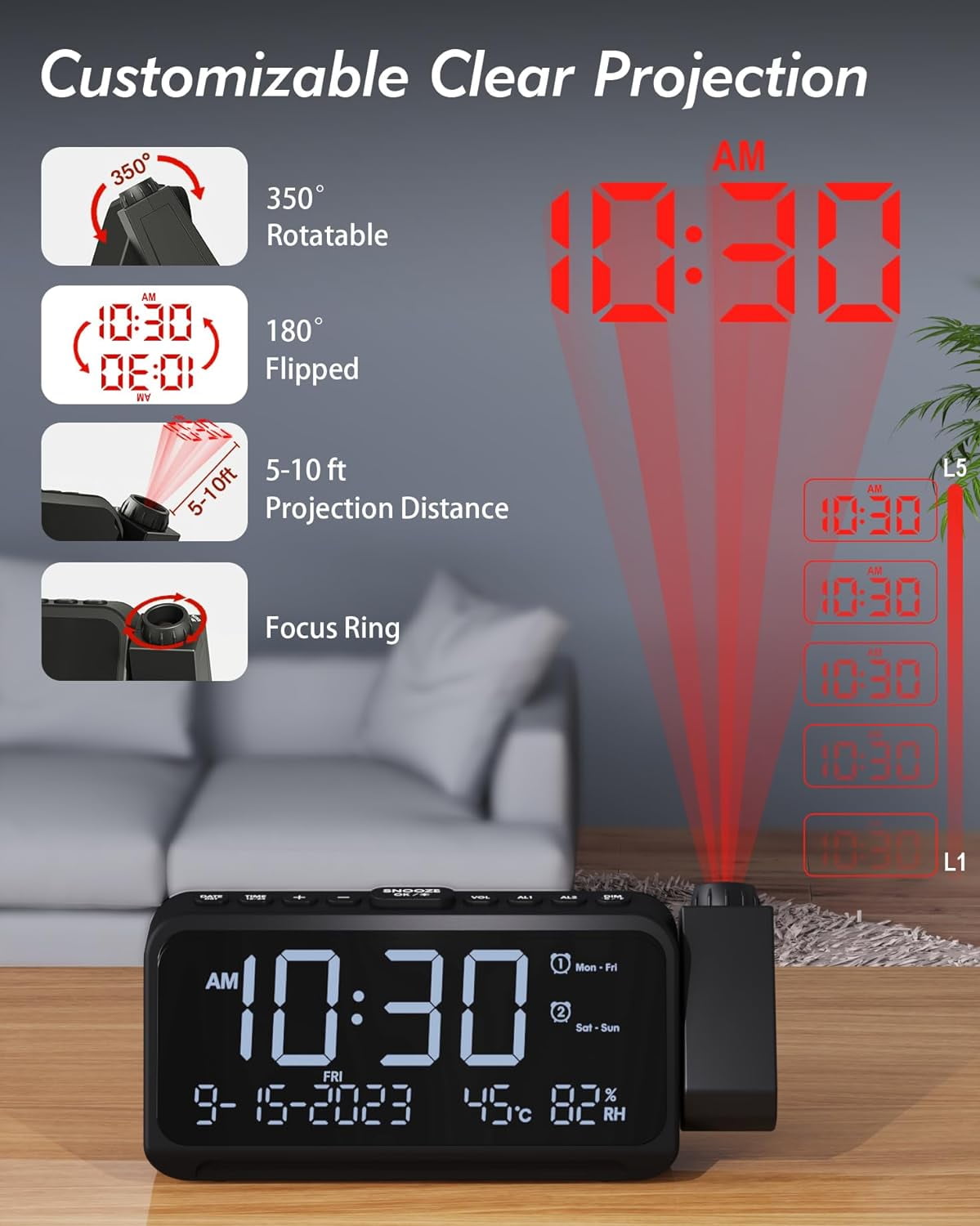 QIHE-Projection Alarm Clock for Bedroom Ceiling, 118 dB Super Loud for ...