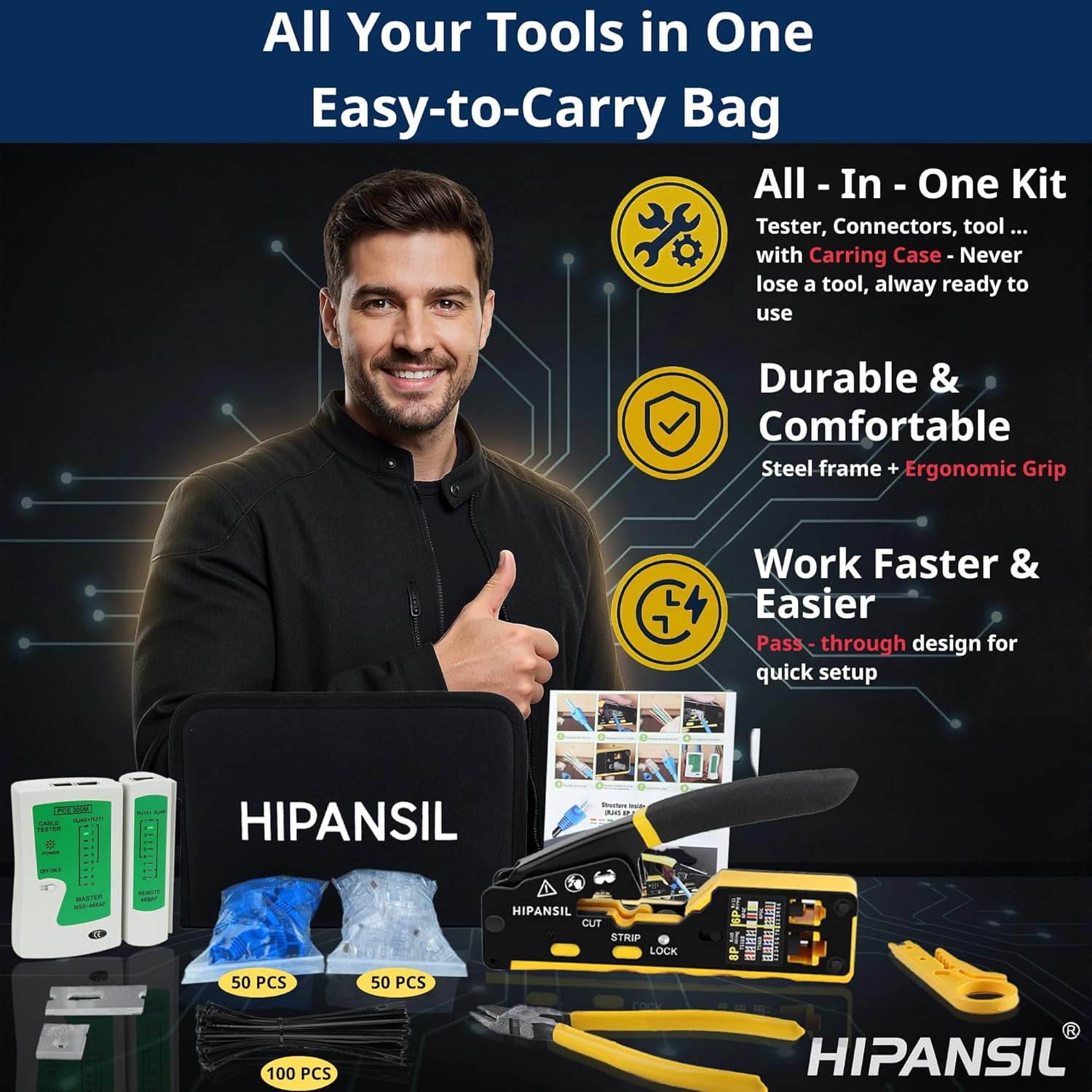 QIHE-RJ45 Crimp Tool, Ethernet Crimper Tool Kit With CARRYING CASE, All ...