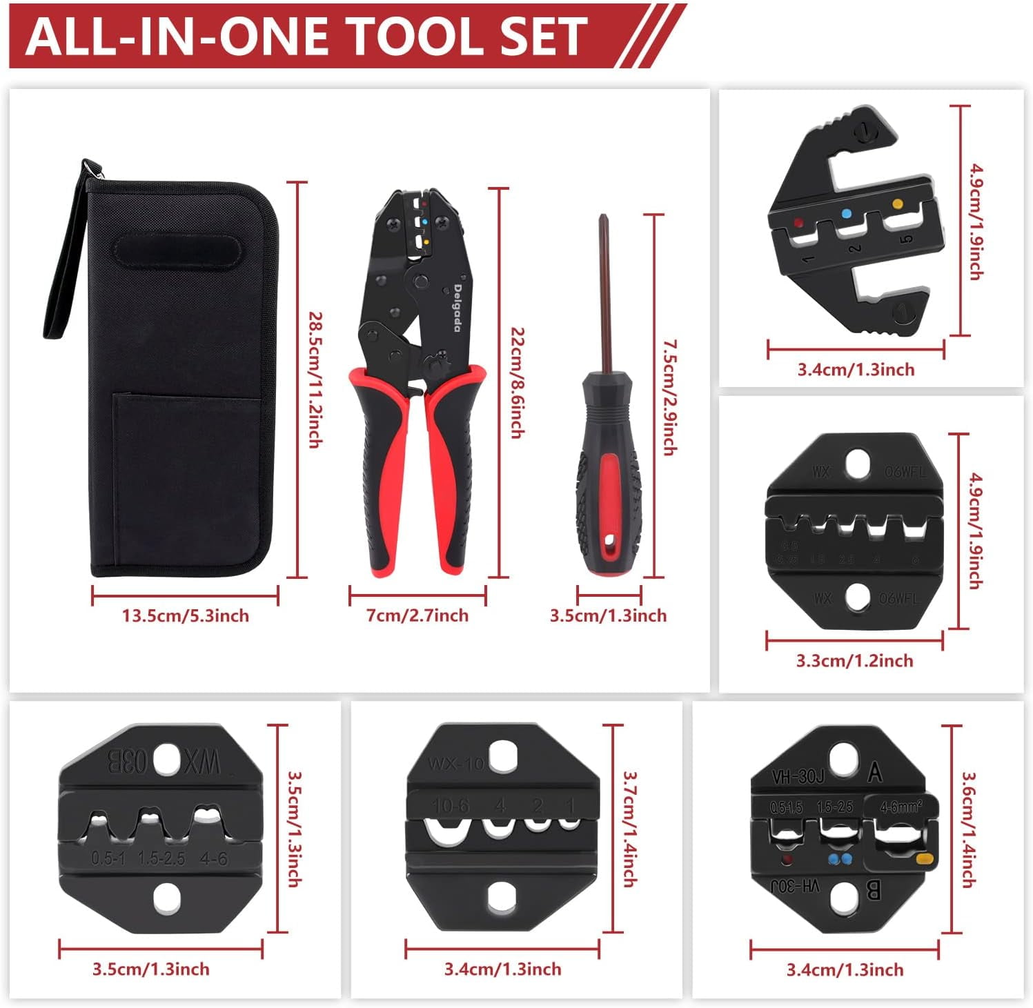 QIHE-Ratcheting Crimping Tool Set, 6PCS Interchangeable Jaws Wire ...