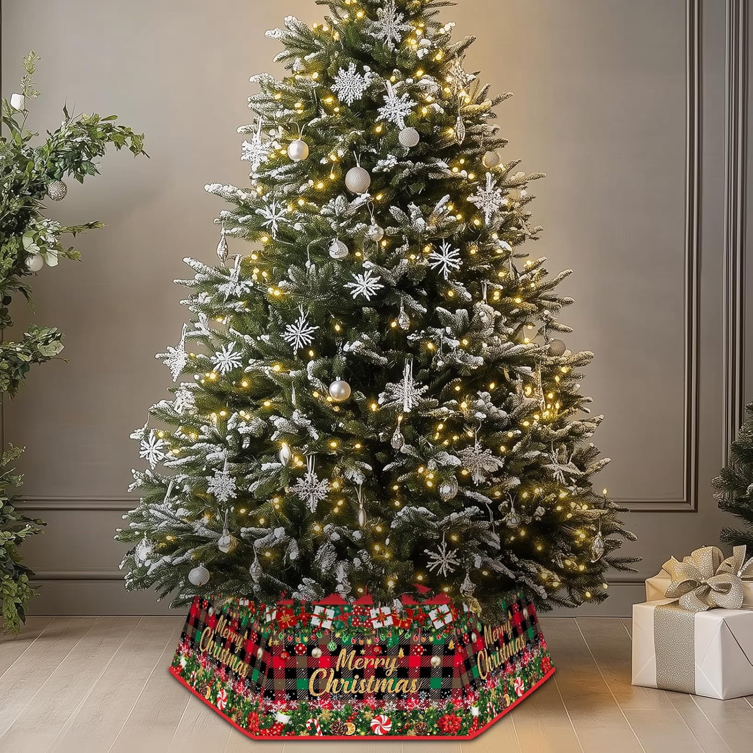 QIHE-Red and Green Christmas Tree Skirt, Gift Boxes Buffalo Plaid ...