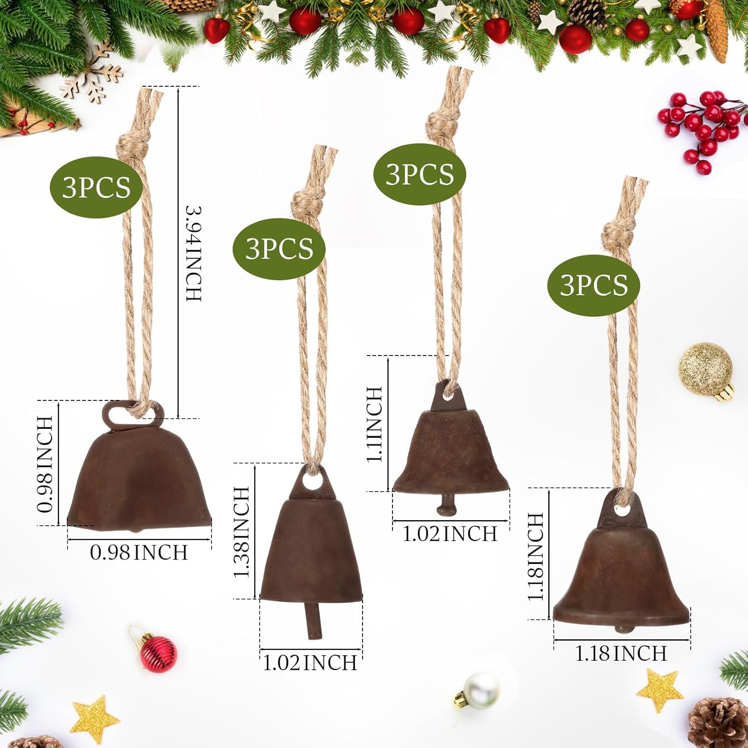 QIHE-Set of 12 Rusty Christmas Bell Ornaments for Christmas Tree Crafts ...