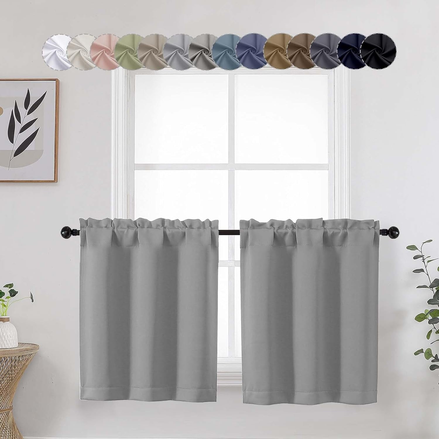 QIHE-Silver Grey Cafe Curtains 24 Inch Length Tier 2 Panels Set, Soft ...