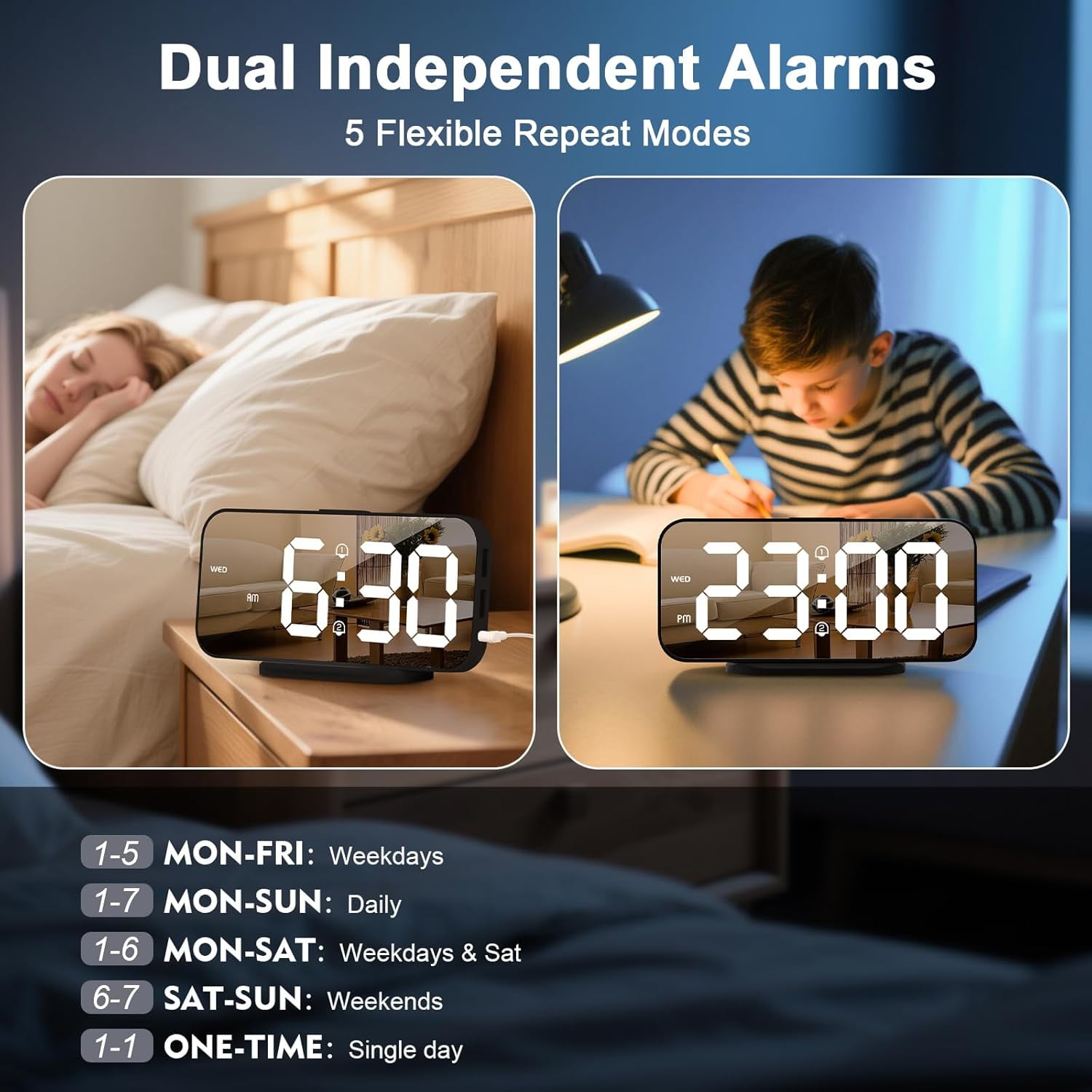 QIHE-Slim Digital Alarm Clock for Bedrooms, Dual Alarms with Snooze ...