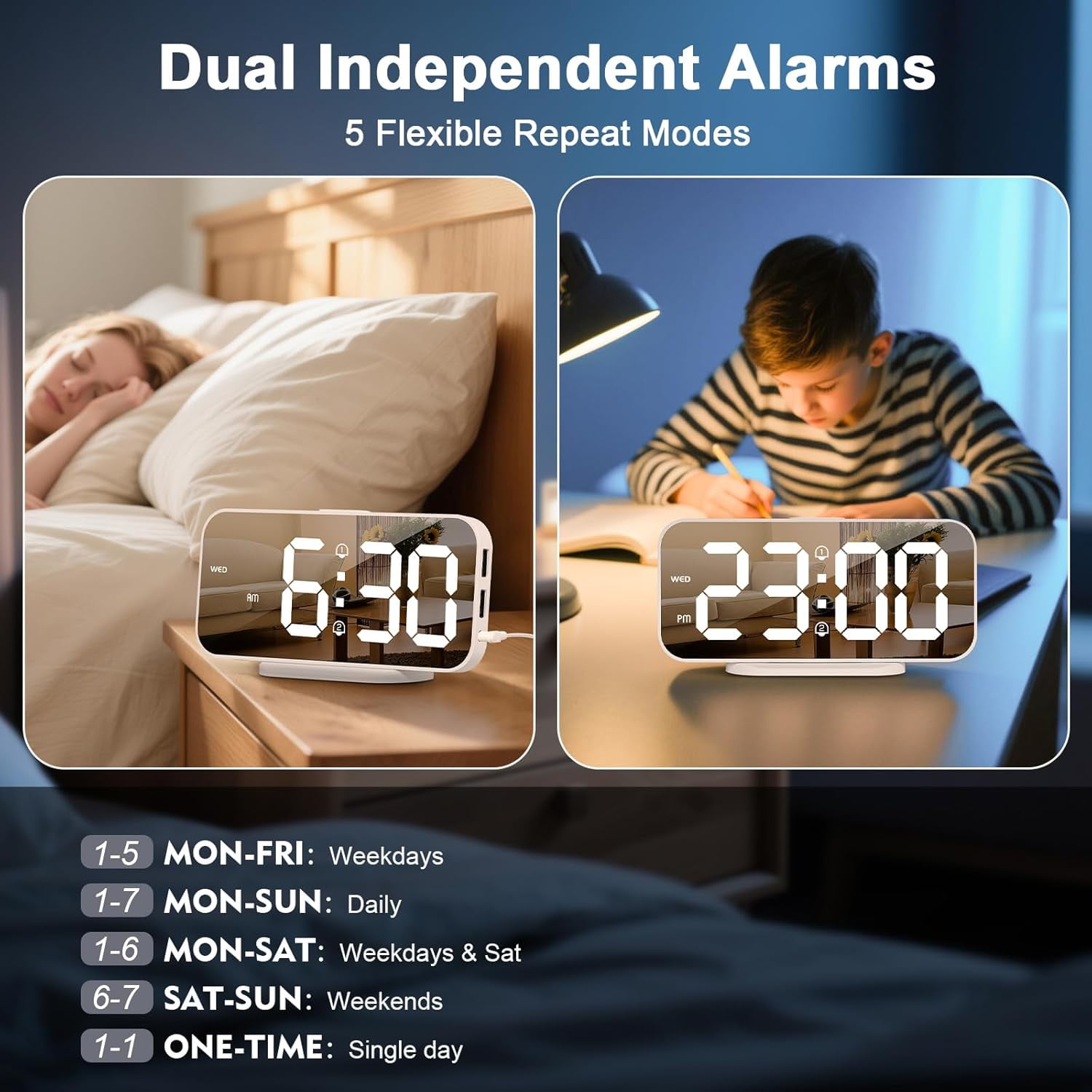 QIHE-Slim Digital Alarm Clock for Bedrooms, Dual Alarms with Snooze ...