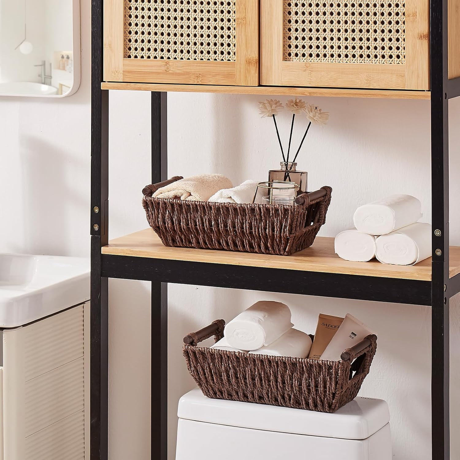 QIHE-Small Storage Baskets, Paper Rope Wicker Organizers with Wooden ...