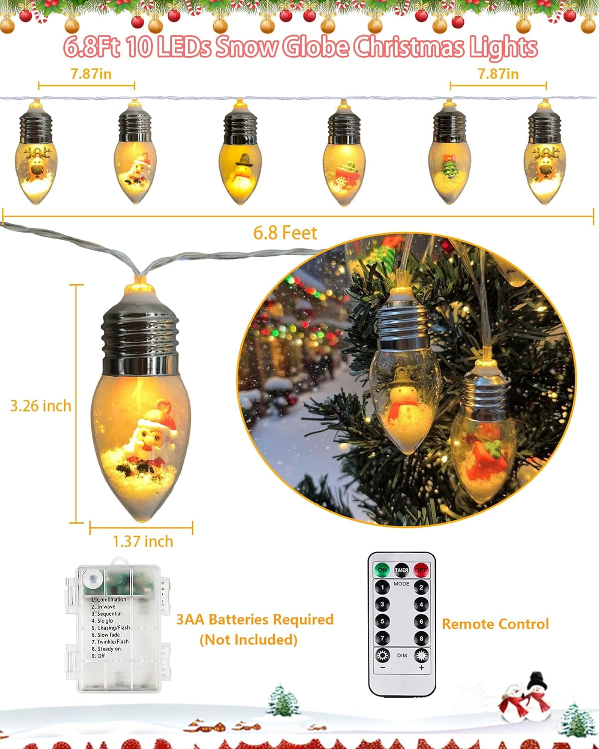 QIHE-Snow Globe Christmas Lights Indoor, 6.8Ft Battery Operated ...
