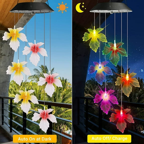 QIHE-Solar Wind Chimes, Color Changing Maple Leaf Wind Chime, LED ...