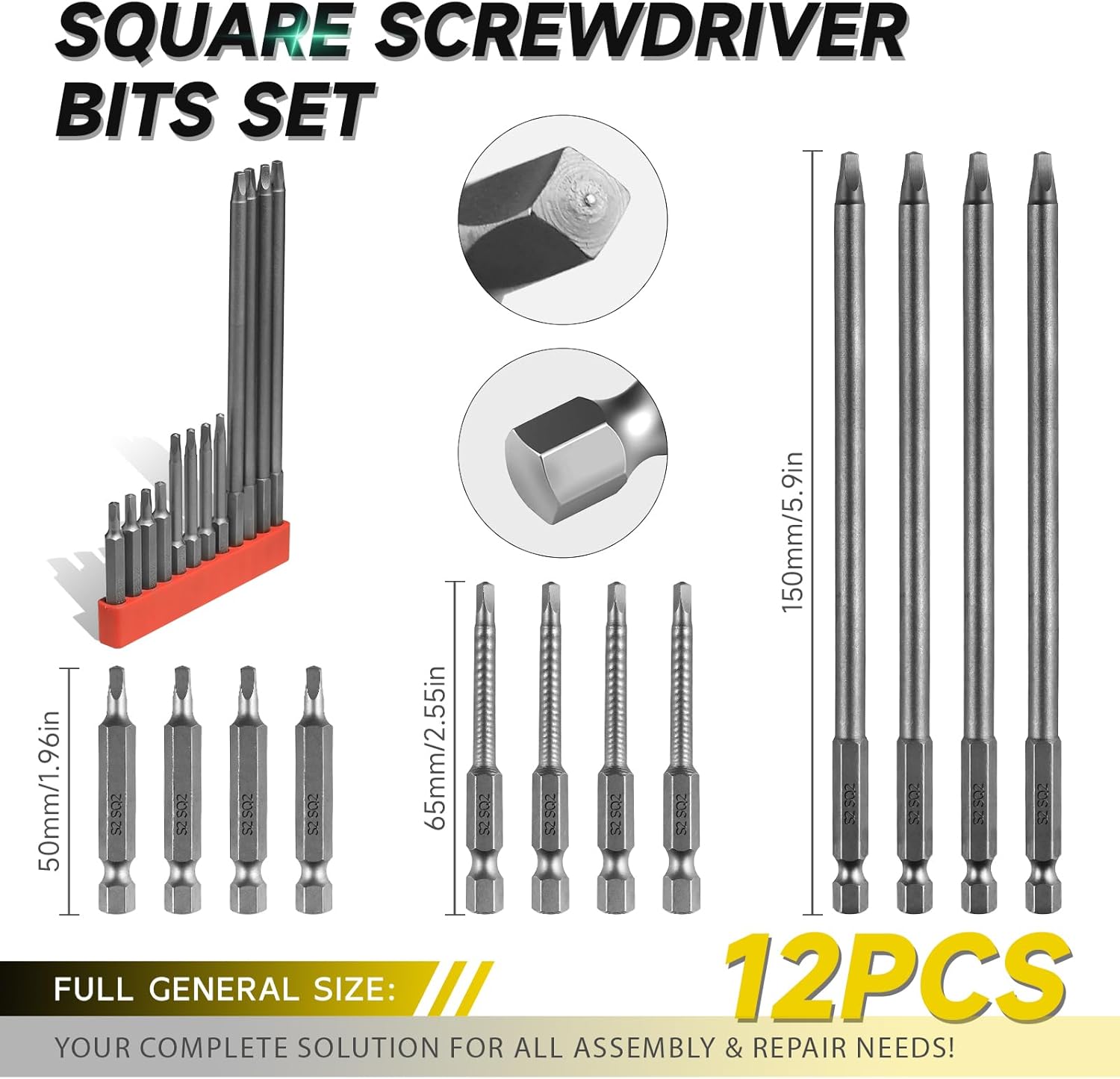 QIHE-Square Drive Bits 12pcs Magnetic Square Head Screwdriver Bits SQ2 ...