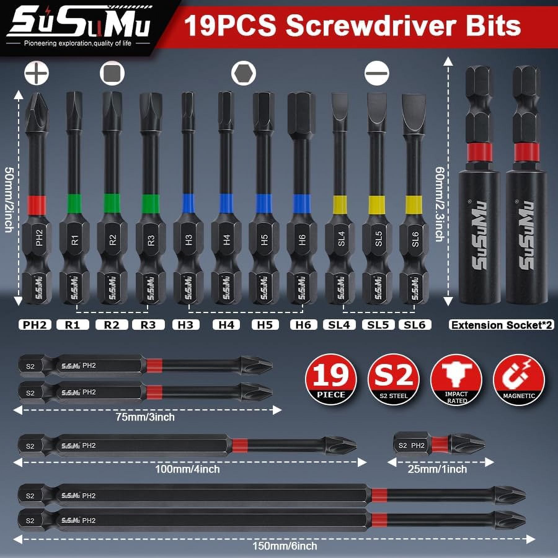 QIHE-SuSuMu Impact Ready Magnetic Screwdriver Bits Set Stronger Magnet ...