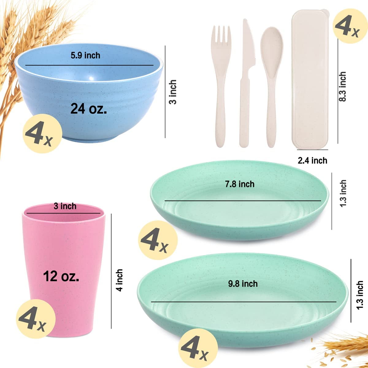 QIHE-Supernal 32pcs Wheat Straw Dinnerware Sets,Unbreakable Dish,Light ...