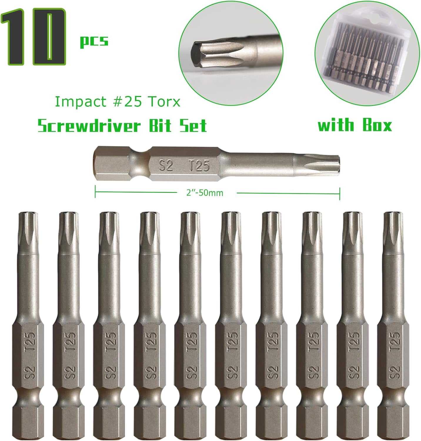 QIHE-T25 Impact Screwdriver Bit Set, 10 Pieces 2\u201dS2 Steel Magnetic ...