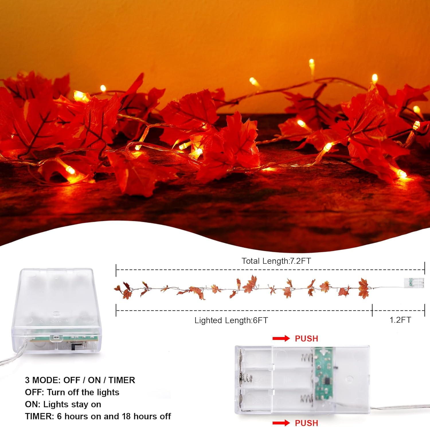 QIHE-Thanksgiving Decorations Fall Garland with Lights, 24LED Battery ...