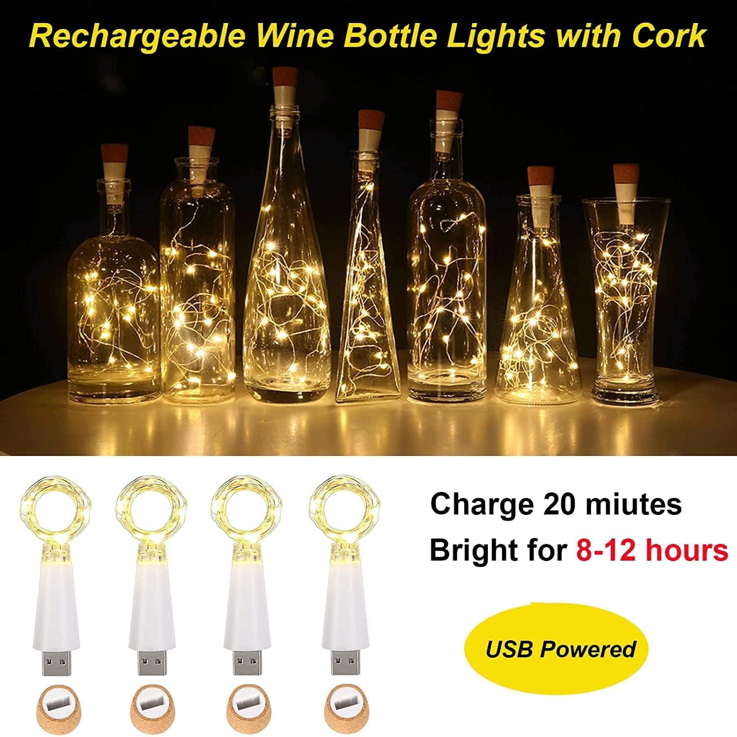 QIHE-USB Bottle Lights Rechargeable, Copper Wire Waterproof Fairy Cork ...