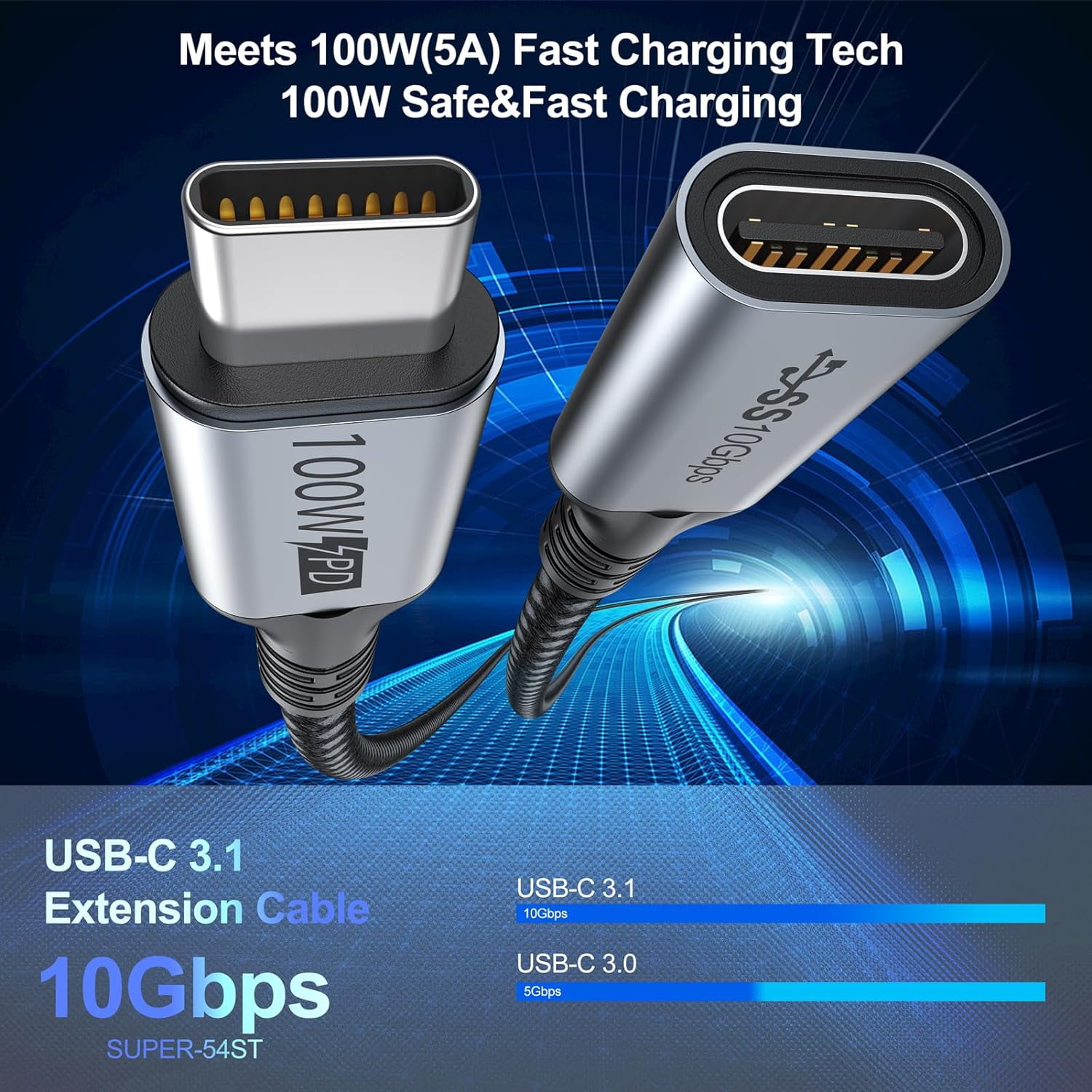 QIHE-USB C Extension Cable 3FT (100W Fast Charging, 10Gbps Data ...