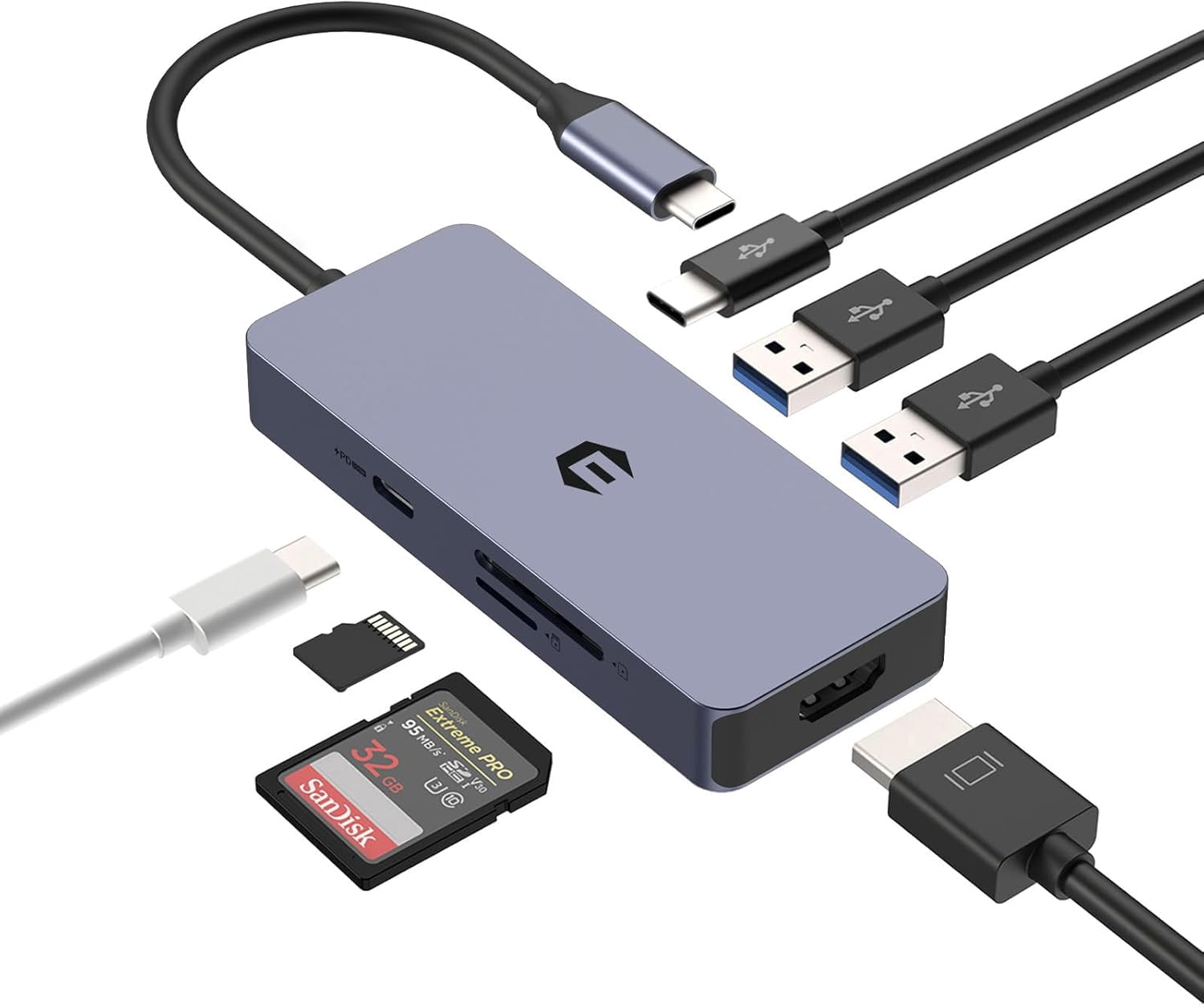QIHE-USB C Hub, 7 Ports USB 3.0 Hub with 5Gbps Data Transfer, USB C to ...