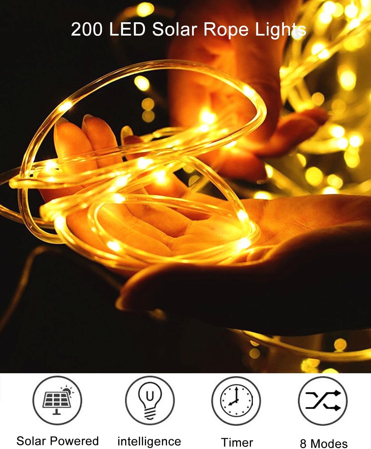 QIHE-Upgraded 70FT 200 LED Solar Rope Lights, Timer & 8 Modes ...