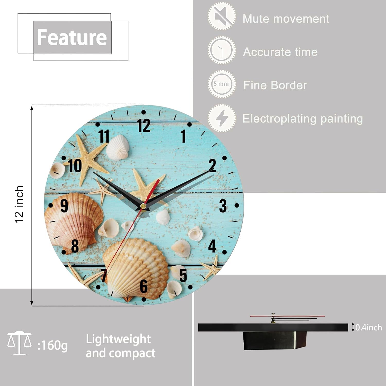 QIHE-Wall Clocks,Seashell Starfish Wall Clock Battery Operated 10 Inch ...