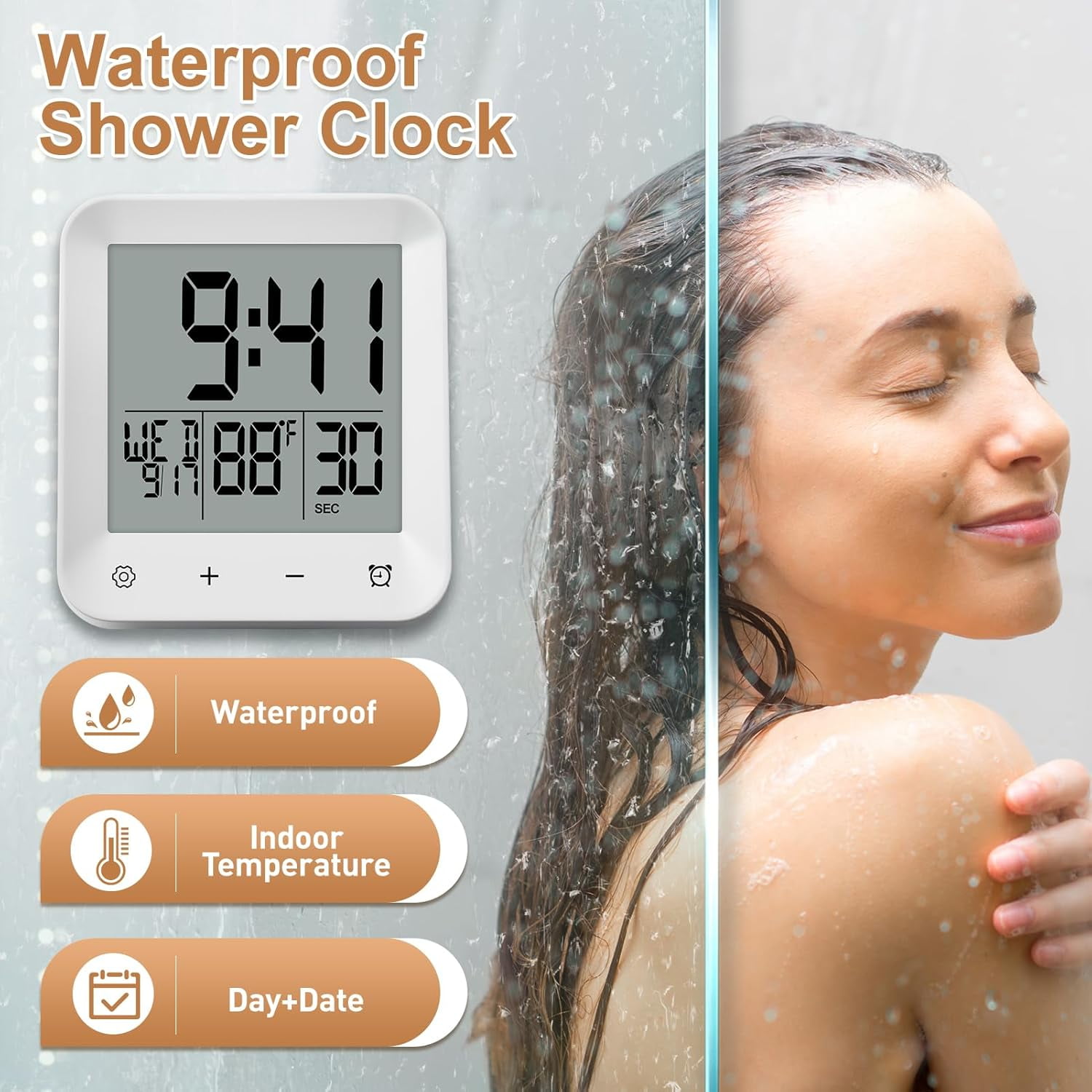 QIHE-Waterproof Shower Clock with Timer, Bathroom Wall Clock Displaying ...