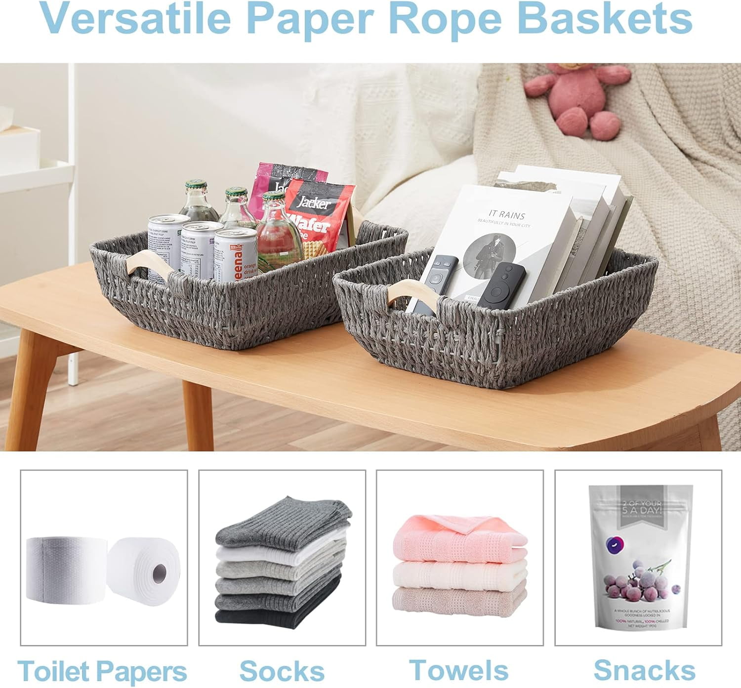 QIHE-Wicker Baksets 2Pack 15x10x5, Recyclable & Renewable Paper Rope ...