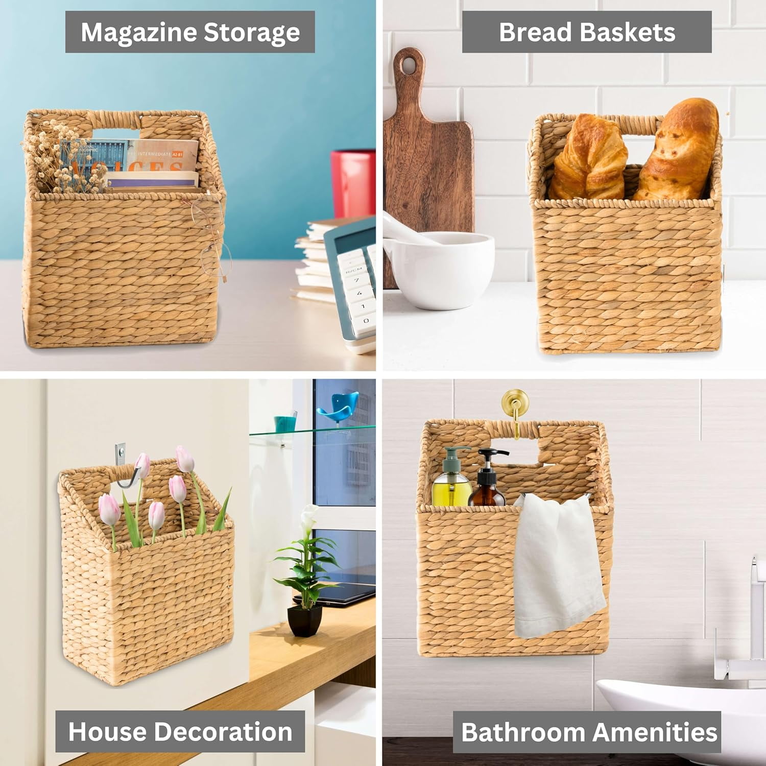 QIHE-Wicker Hanging Storage Baskets, Set of 2 Wall Baskets for ...