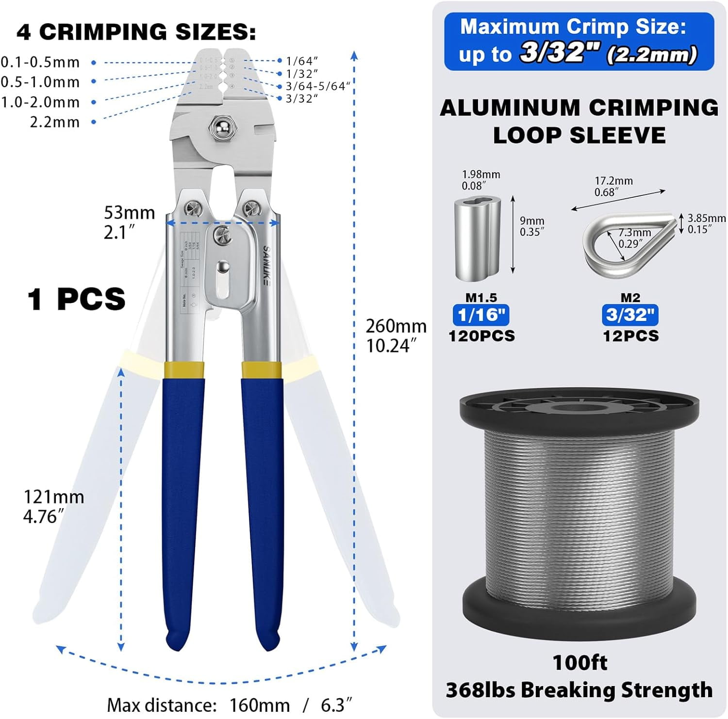 QIHE-Wire Rope Crimping Tool Kit, 100FT 1/16" Stainless Steel Cable 7X7 ...