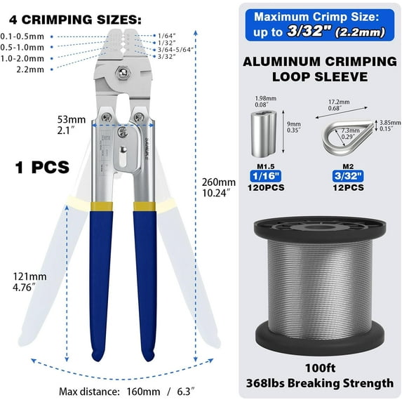 QIHE-Wire Rope Crimping Tool Kit, 100FT 1/16" Stainless Steel Cable 7X7 ...