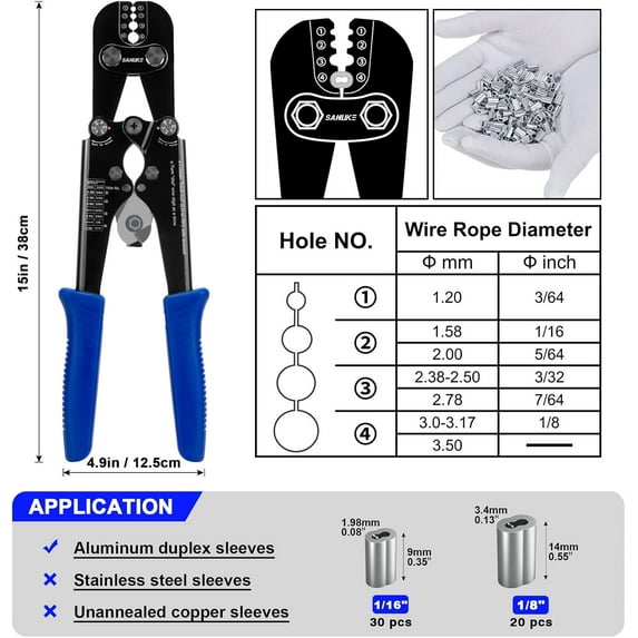 QIHE-Wire Rope Crimping Tool Kit, Professional Wire Rope Crimper and ...