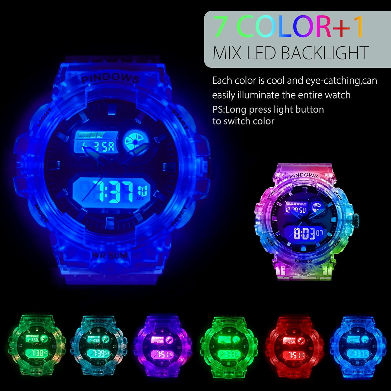 QIHE-Womens Watch for Women Digital Sports Watch,7 Color LED Light ...
