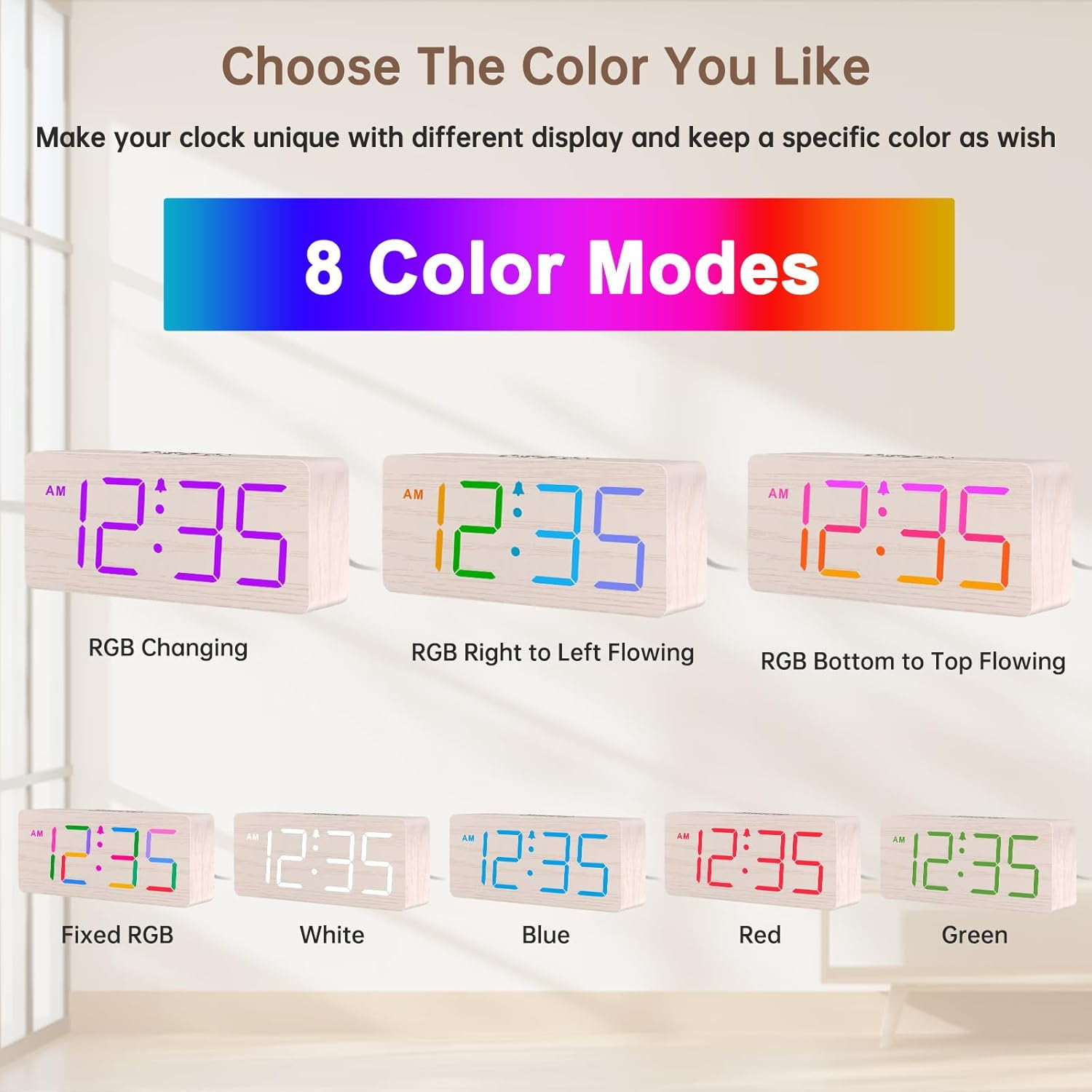 QIHE-Wooden Digital Clock for Bedroom Desk - RGB Loud Alarm Clock for ...