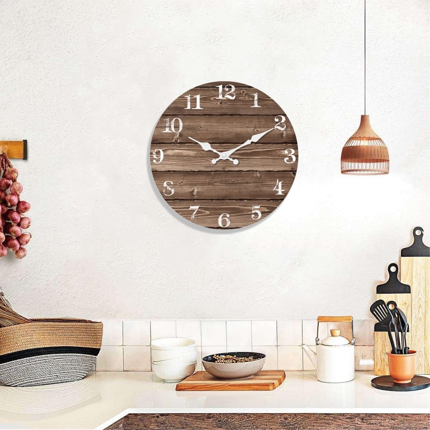 QIHE-Wooden Wall Clocks Battery Operated 12 Inch Brown Farmhouse Wall ...
