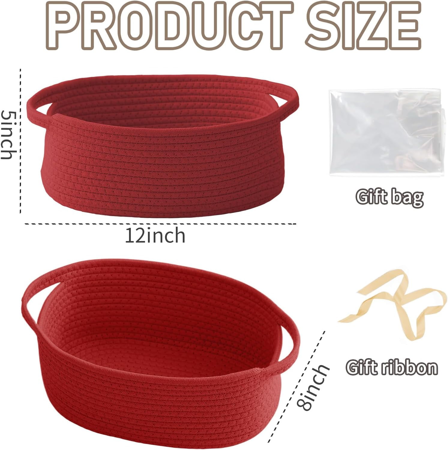 QIHE-Woven Basket,Small Rope Storage Bin with Handles & Ribbon Bag ...