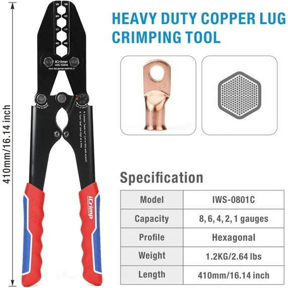 QIHE-iCrimp Battery Cable Lug Terminal Crimping Tool, for 1/0, 2/0, 3/0 ...