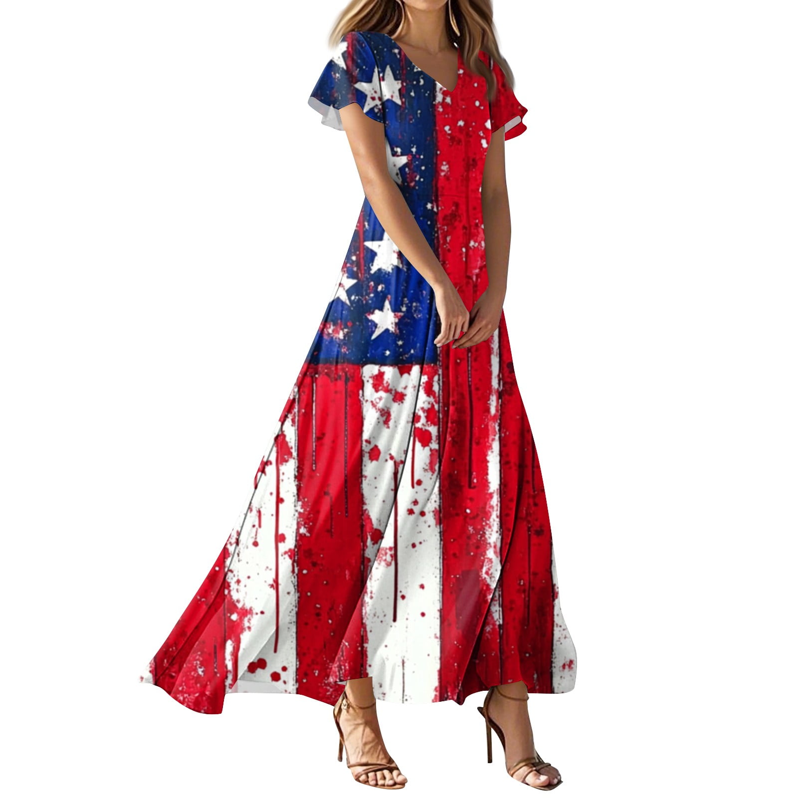 QIJIE 4th Of July Dress Women V Neck Holiday Usa Flag Print Long ...