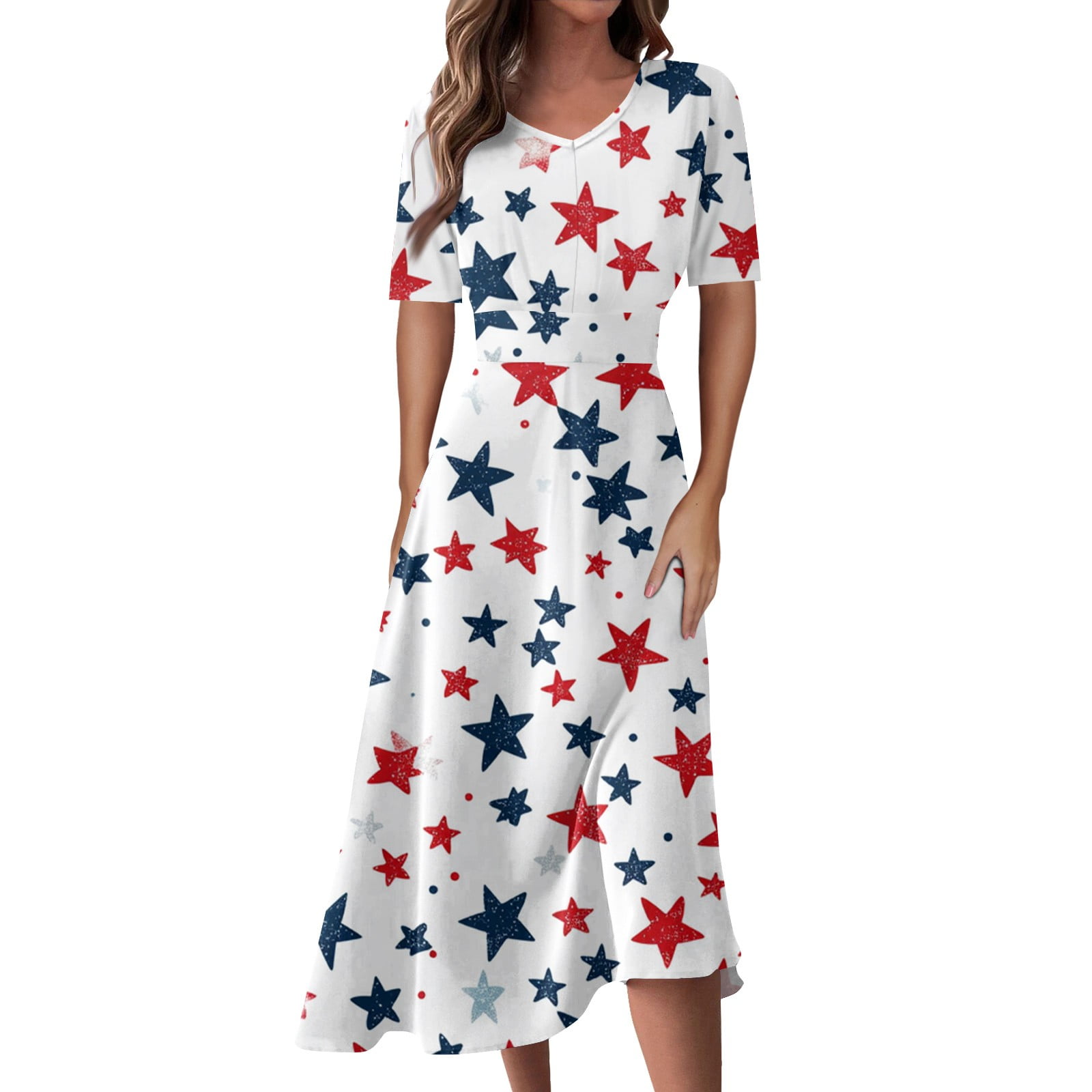QIJIE 4th Of July Dresses for Women V Neck Casual Red White and Blue ...