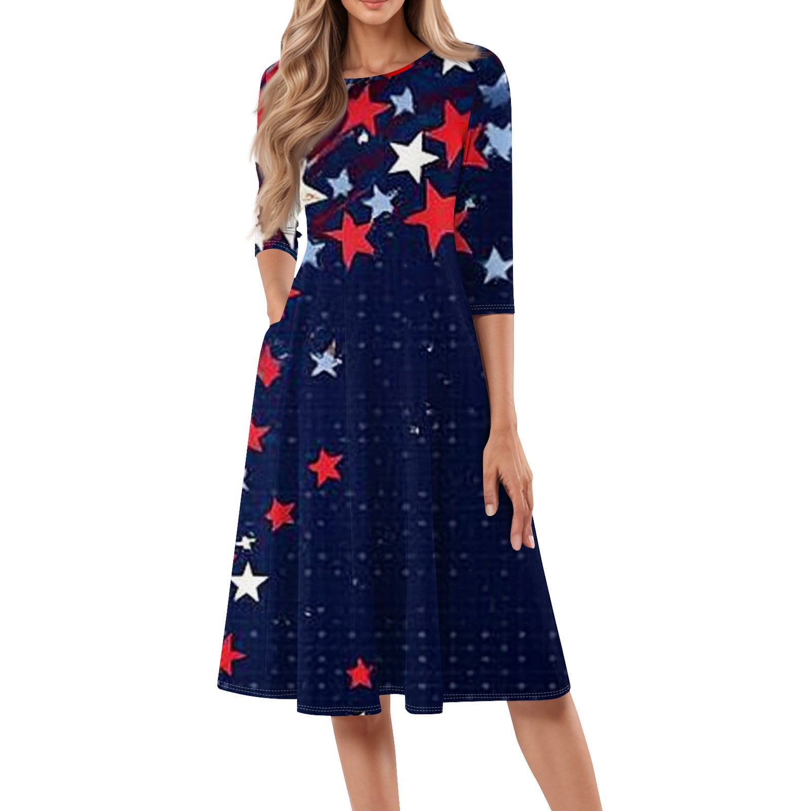 QIJIE Fourth Of July Dress for Women 3/4 Sleeve Holiday Usa Flag Print ...