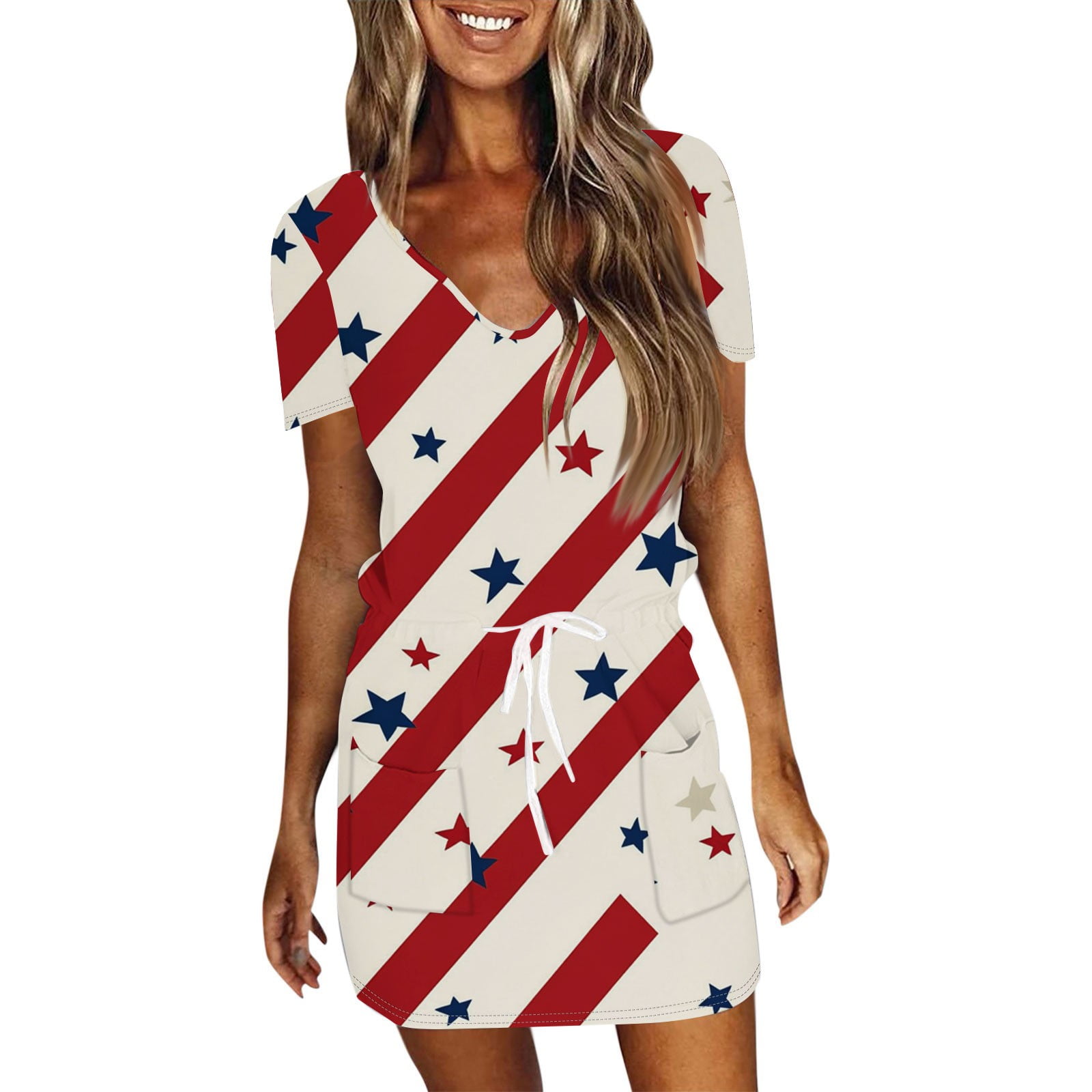 QIJIE Independence Day Dresses for Women V Neck Patriotic Usa Flag ...