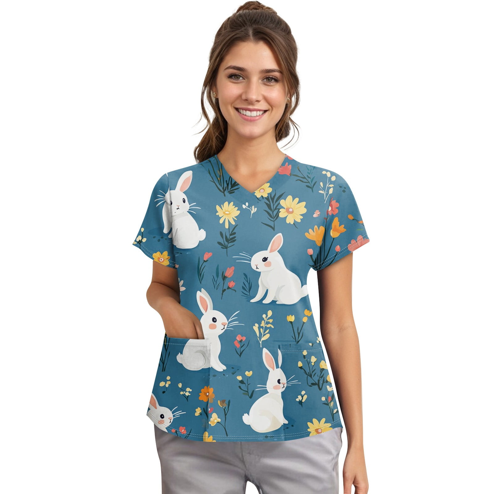 QIJIE Scrubs for Women Easter V Neck Nurse Scrub Shirts Rabbit Graphic ...