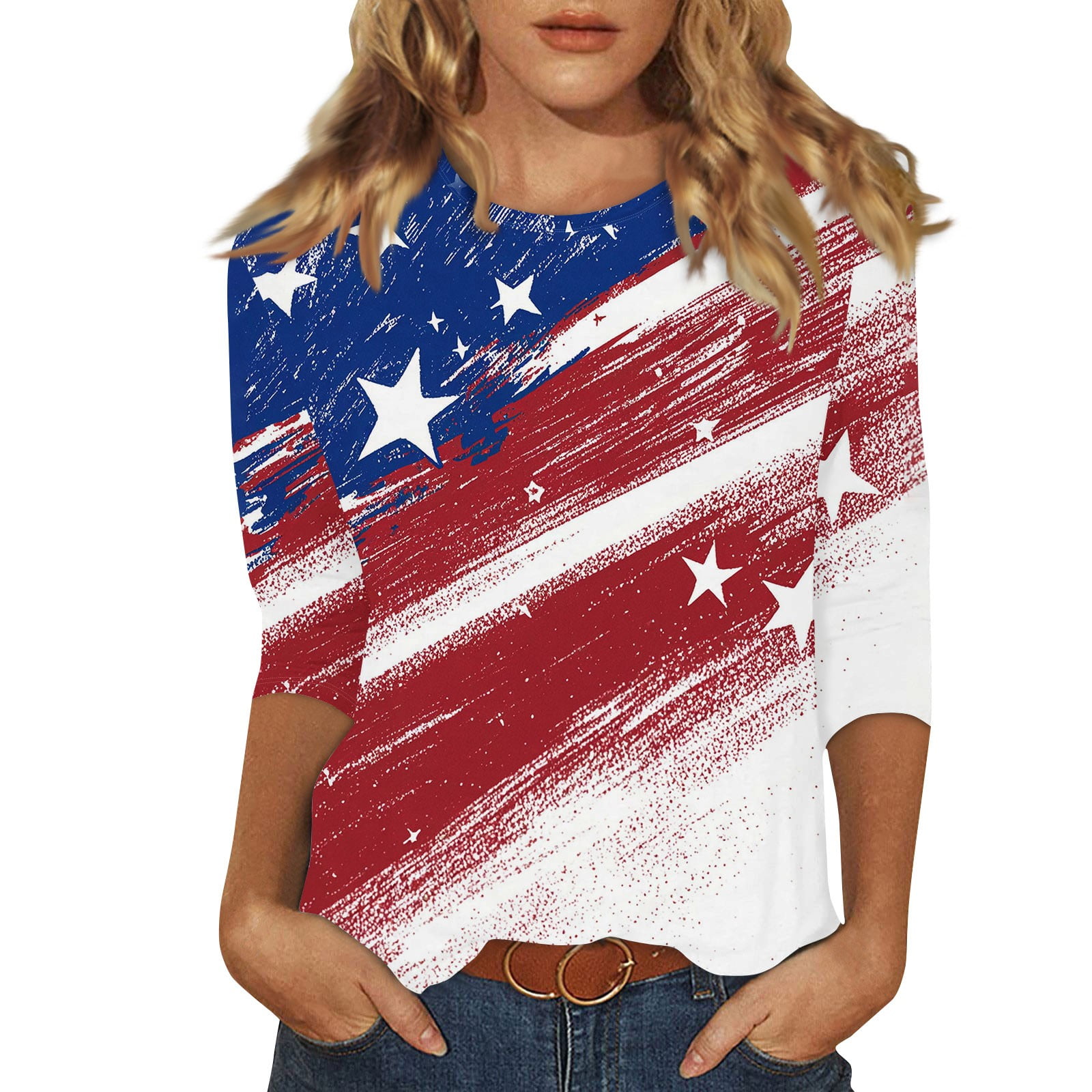 QIJIE Women 4th Of July T Shirts American Flag Print Casual Tees Three ...