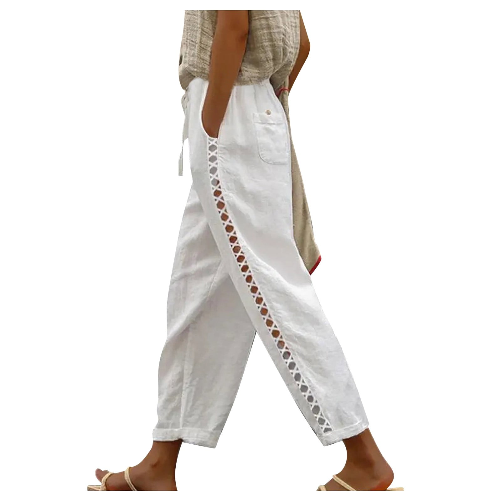 QIJIE Women Cropped Pants Cotton Linen Workout Capri Pants Cut-Out ...